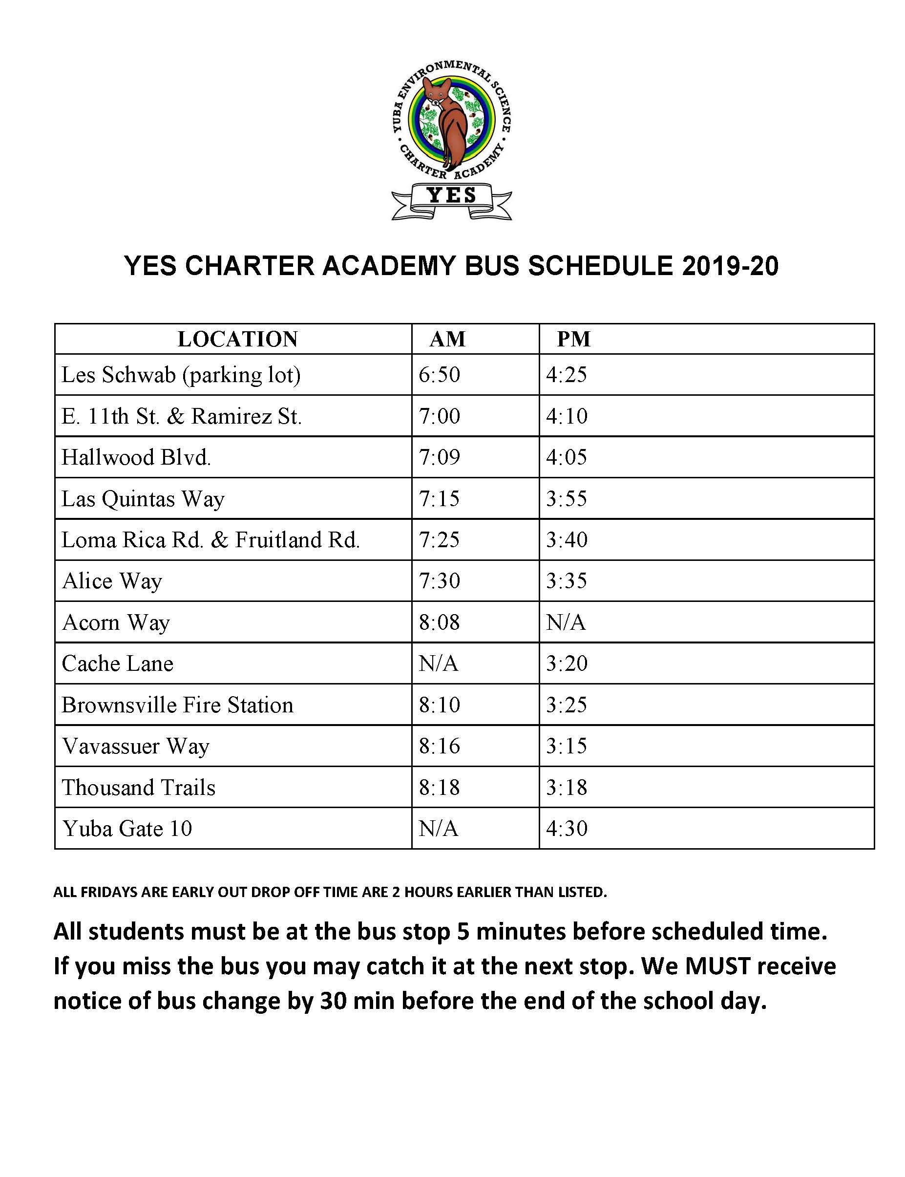 Bus Schedule – YES Charter Academy