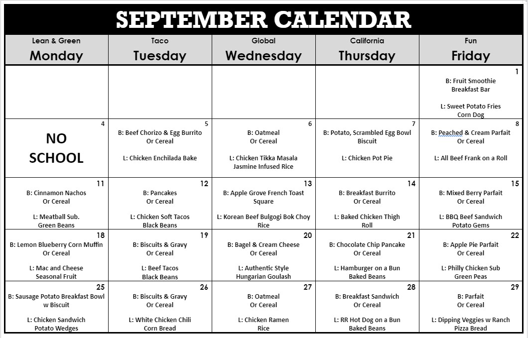 Lunch Menu – YES Charter Academy